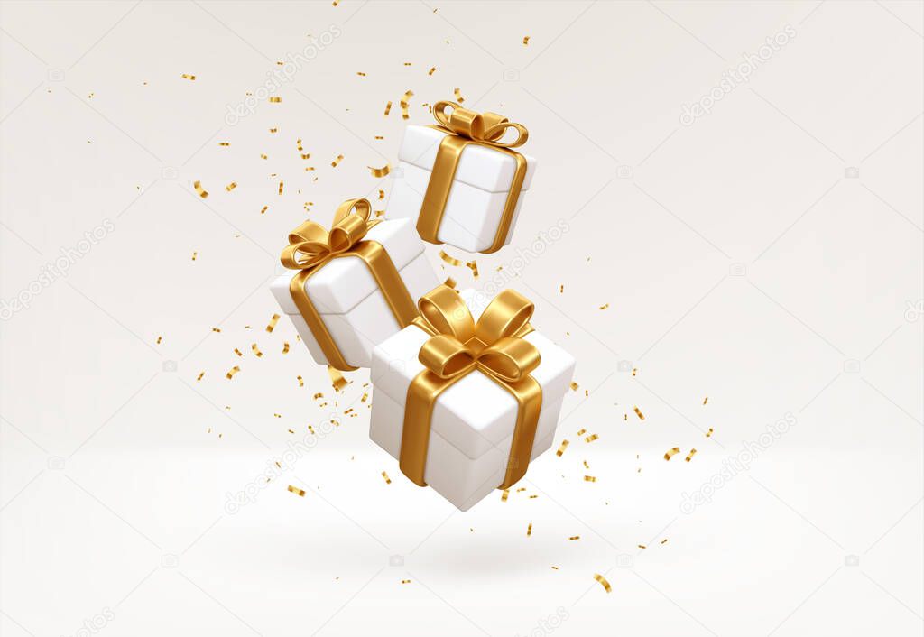 Feliz Año Nuevo y Feliz Navidad 2022 cajas de regalo blancas con arcos dorados y confeti de ...