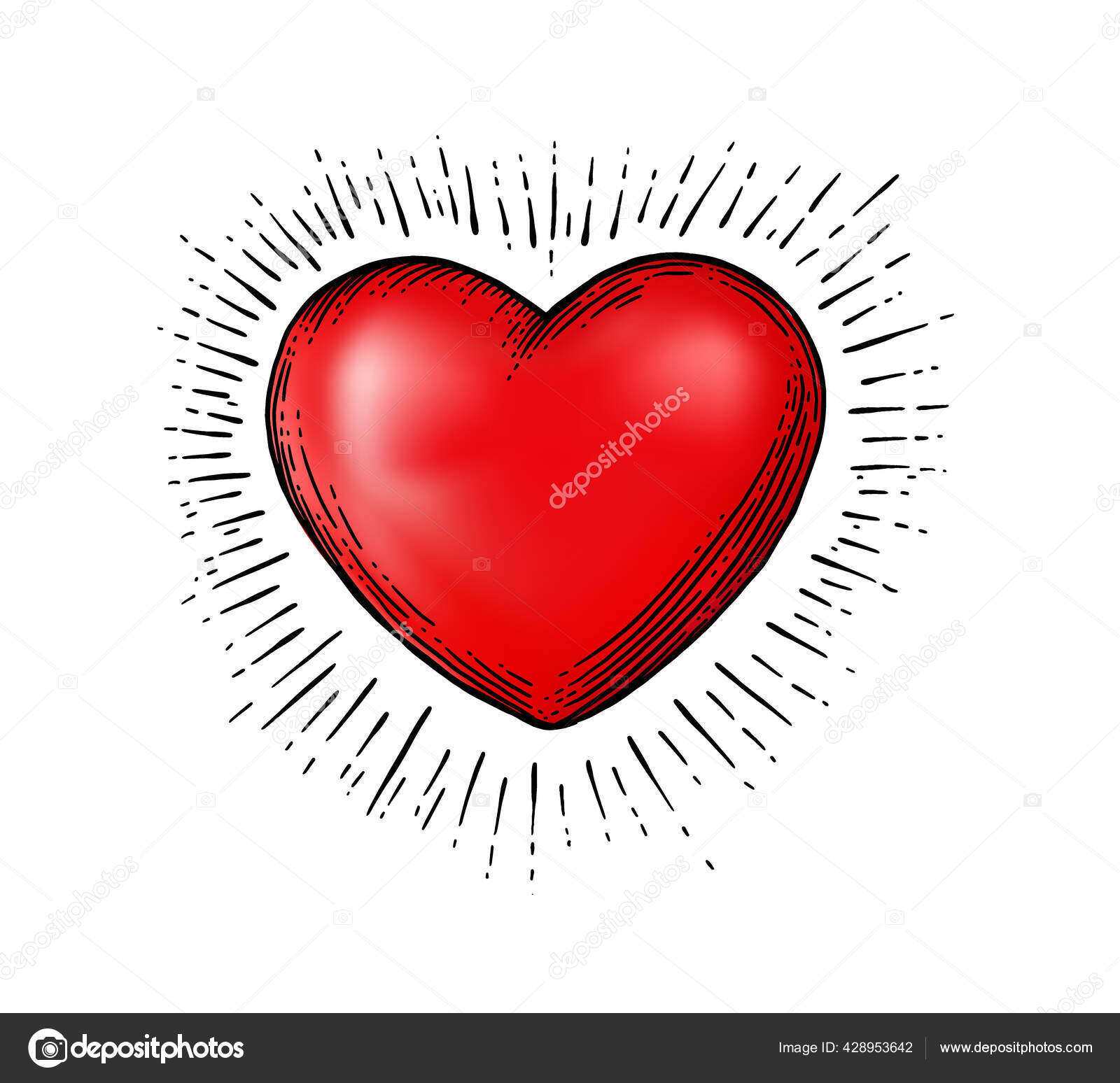 Heart Rays Vector Black Vintage Engraving Illustration Isolated White ...