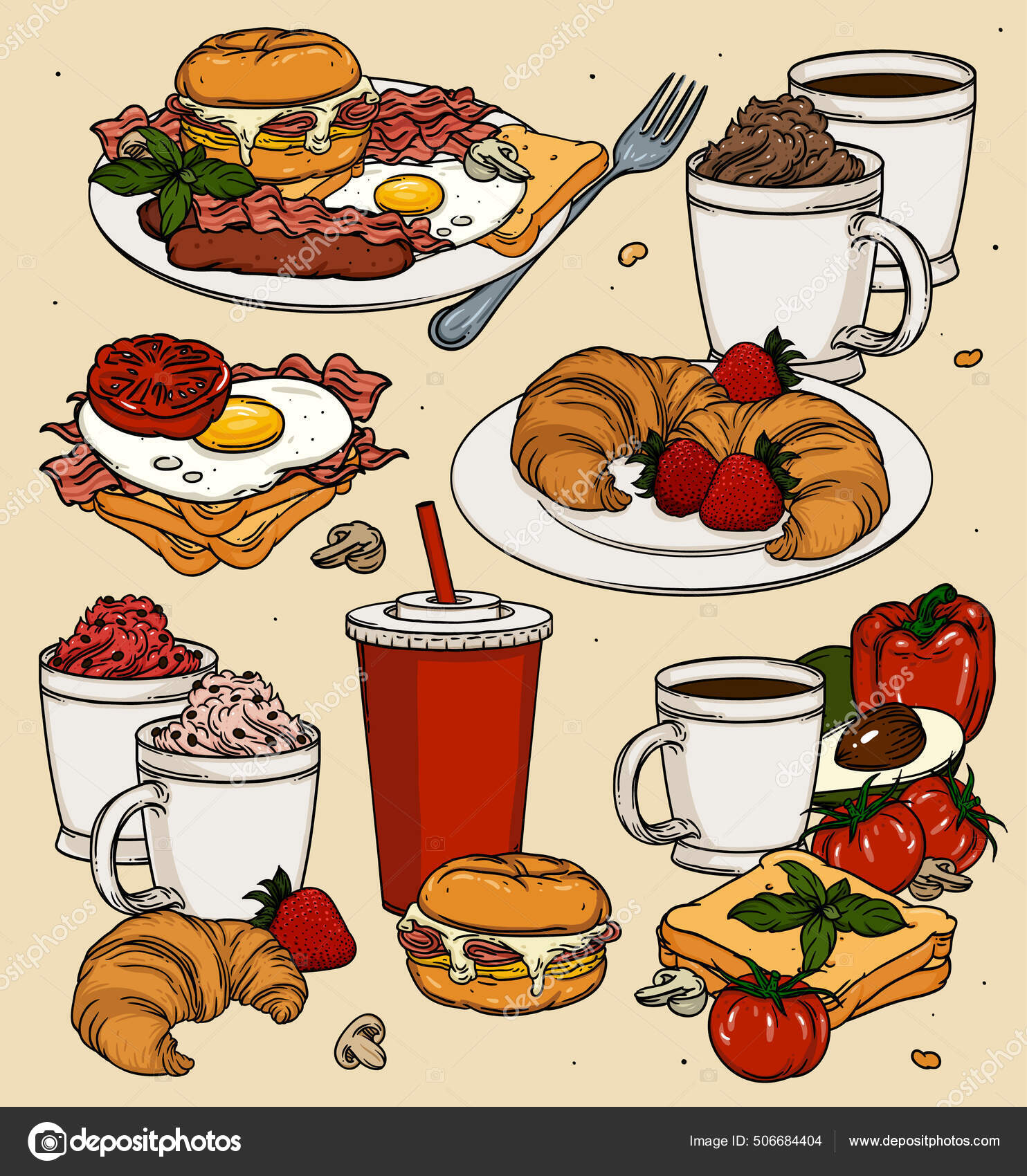 Classic Breakfast Cartoon Set Eggs Toast Coffee Vector Color Breakfast ...