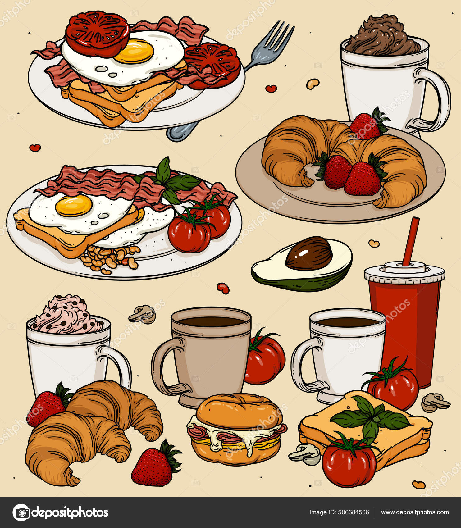 Classic Breakfast Cartoon Set Eggs Toast Coffee Vector Color Breakfast ...