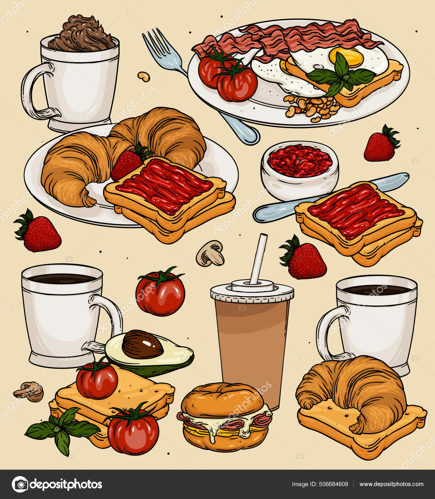 Classic Breakfast Cartoon Set Eggs Toast Coffee Vector Color Breakfast ...