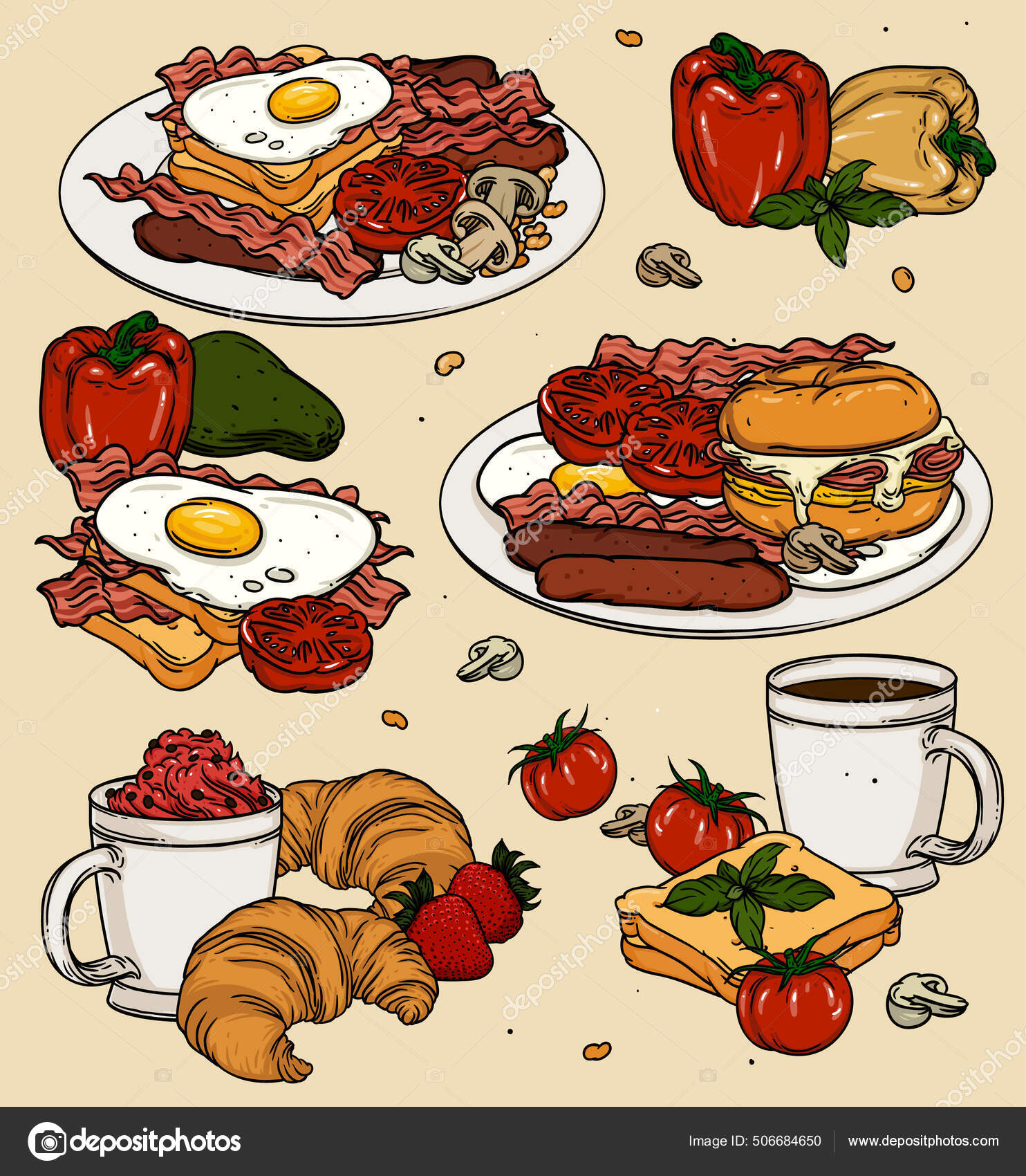 Classic Breakfast Cartoon Set Eggs Toast Coffee Vector Color Breakfast ...