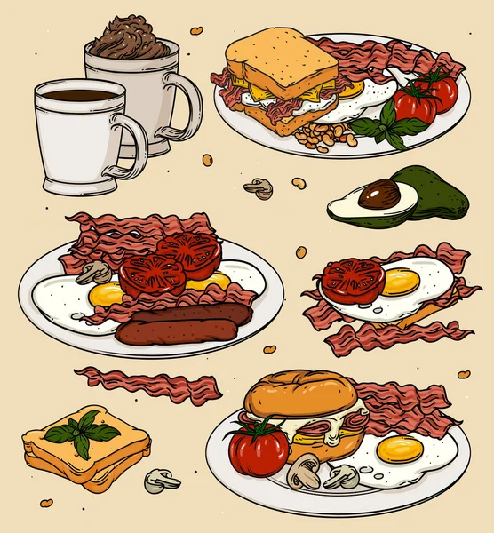Classic Breakfast Cartoon Set Eggs Toast Coffee Vector Color Breakfast ...