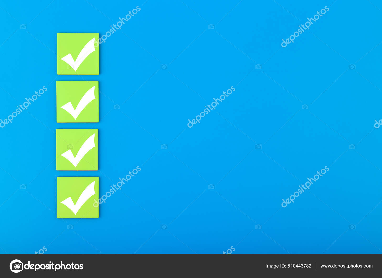 Four Checkmarks Green Tablets Row Blue Background Copy Space Concept ...