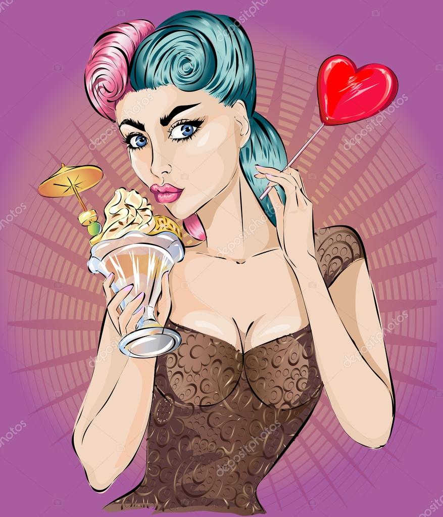 Sexy Pop Art Woman Portrait With Ice Cream And Heart — Stock Vector