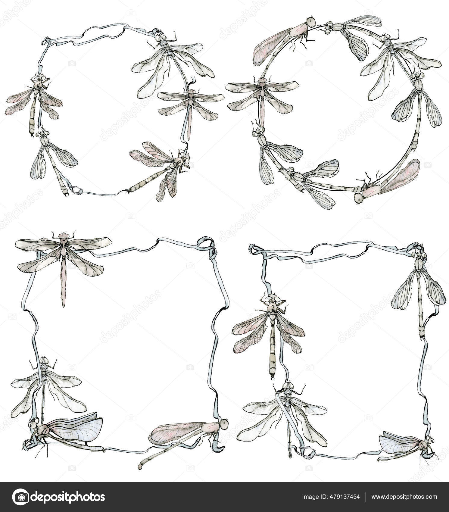Decorative set of frames and wreathes light dragonfly and ribbon ...