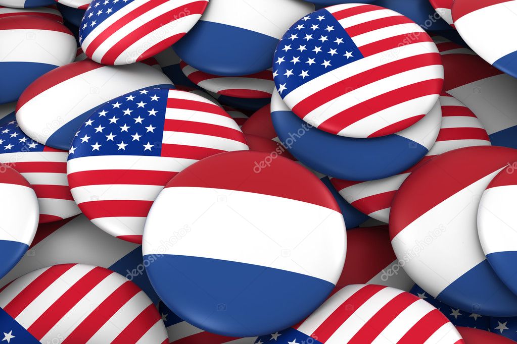 Netherlands and USA Badges Background - Pile of Dutch and US Flag ...
