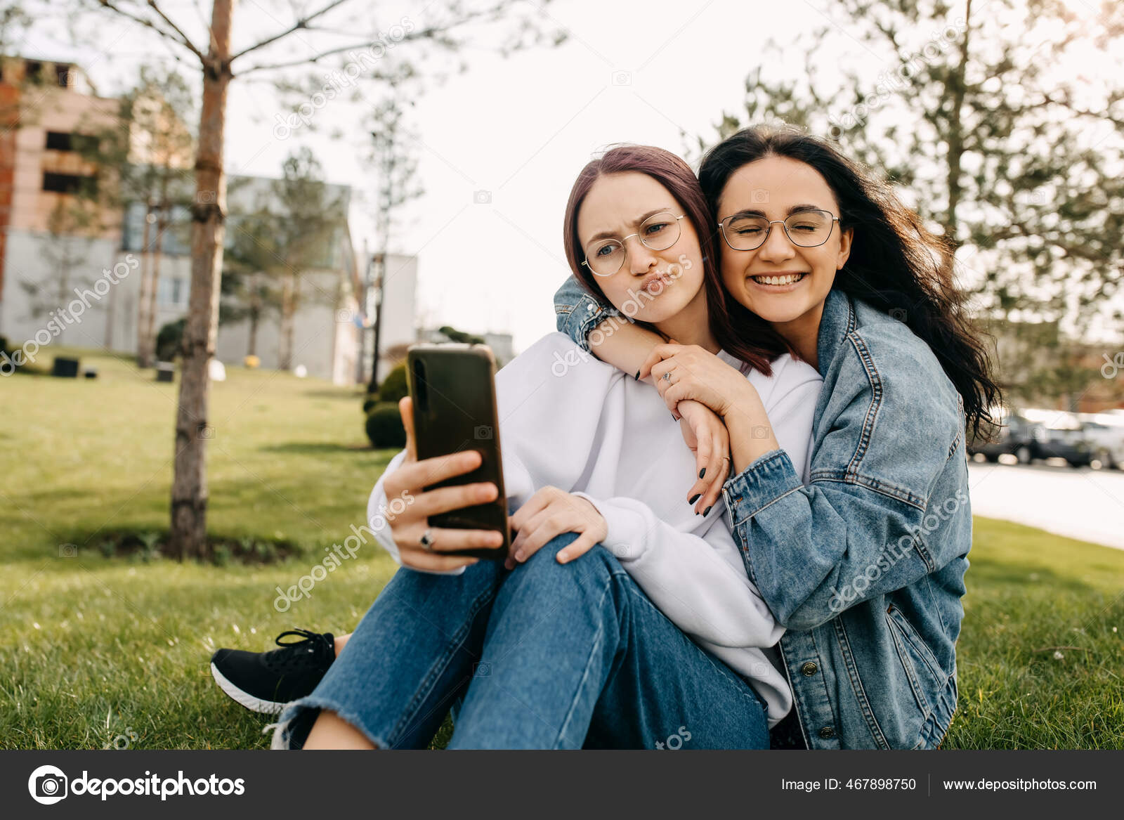 Two Best Friends Smiling Taking Self Portraits Smartphone Outdoors ...