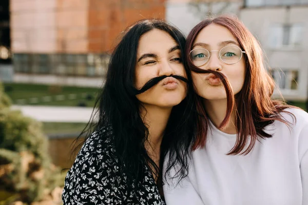 Two best friends making hair mustache, laughing and making funny faces ...