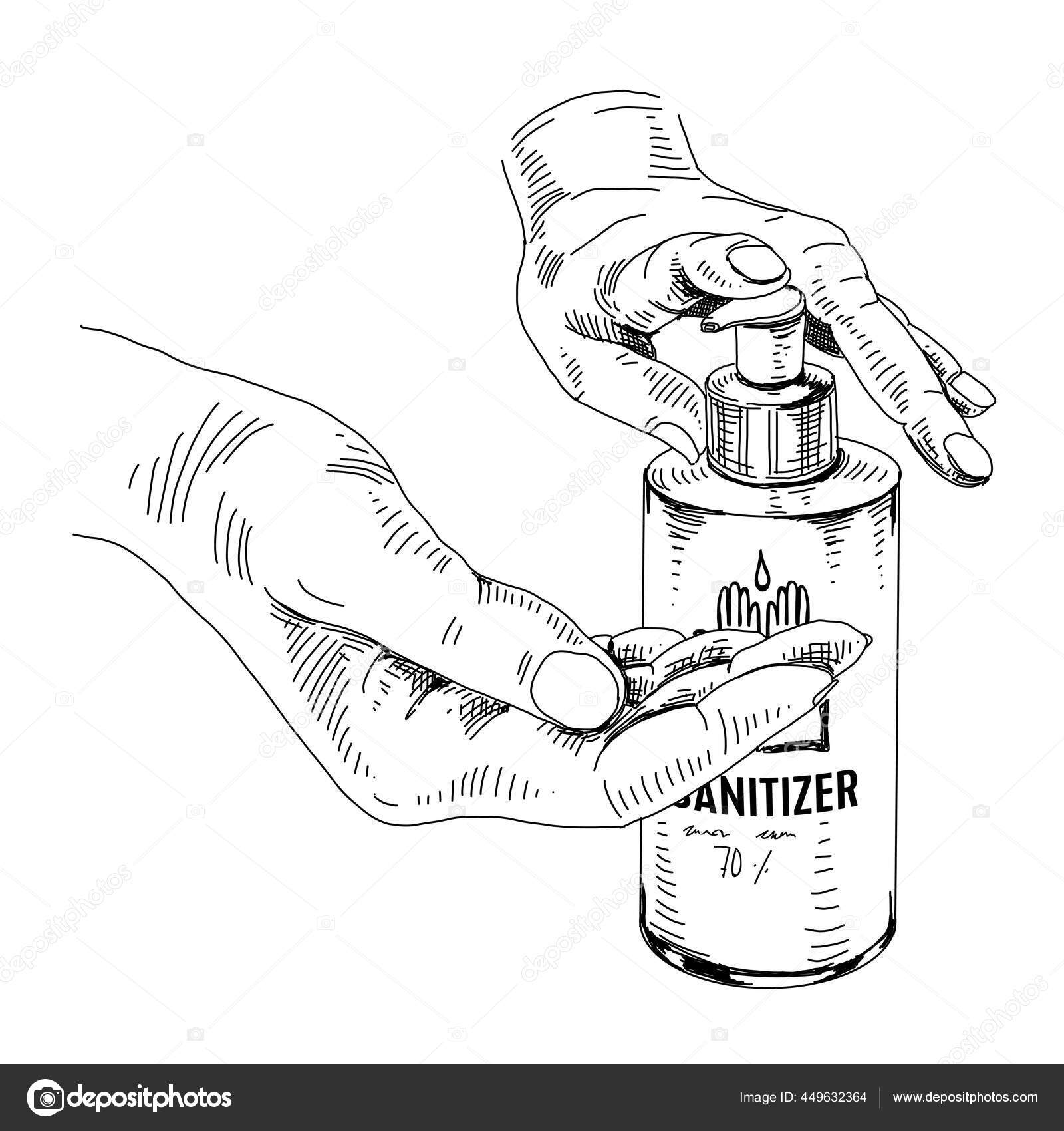 Applying sanitizer for hands washing, retro hand drawn vector ...