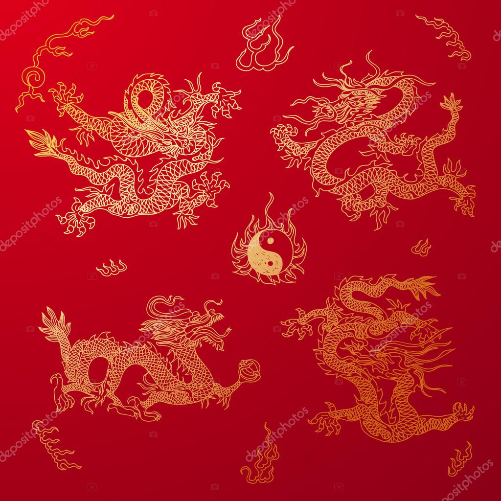 Vector background with asia dragons. Hand drawn illustration. Stock ...