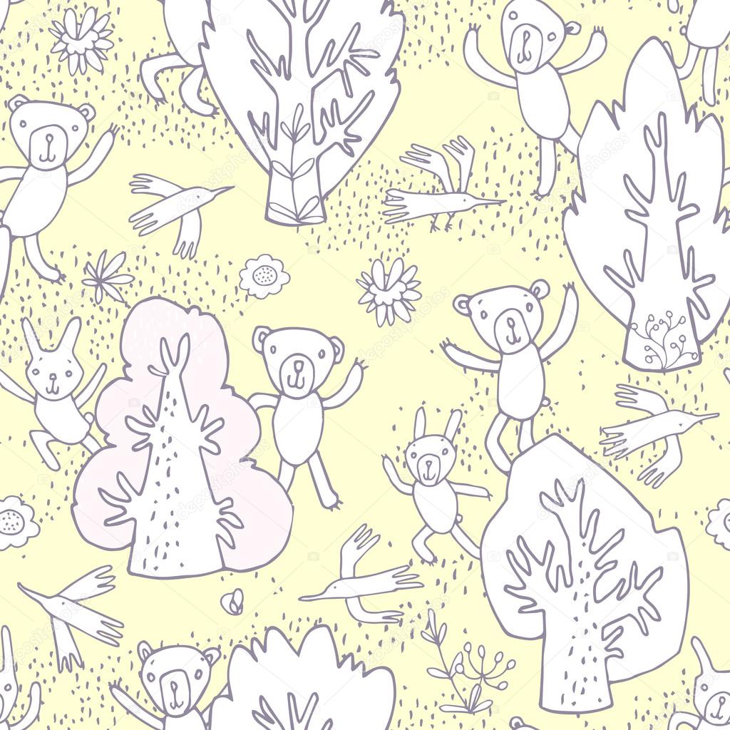 Cute cartoon forest animals, trees and birds. — Stock Vector © dozy ...