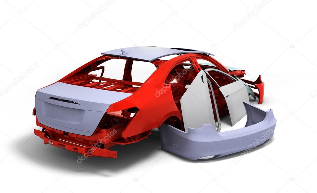 Concept car painted red body and primed parts near isolated on w ...