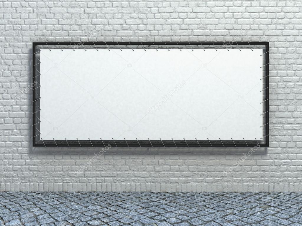 White stretch banner on brick wall background. — Stock Photo ...
