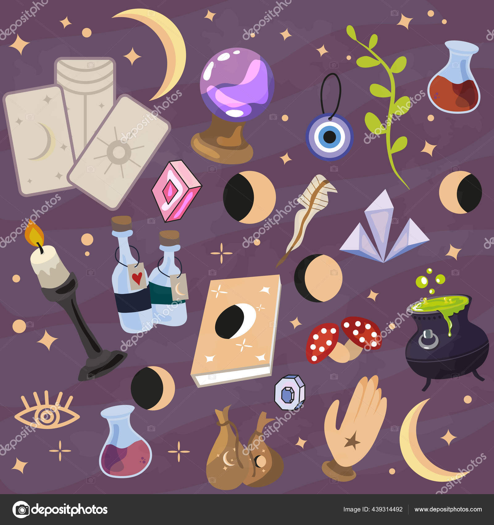 Set Mystical Magical Elements Vector Illustration Items Fortune Telling ...