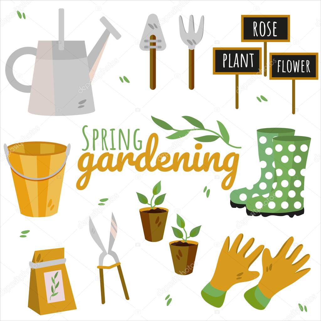 Jardiner a de primavera. Jard n. Sicator, botas de goma, cubo, regadera, semillas, rastrillo ...