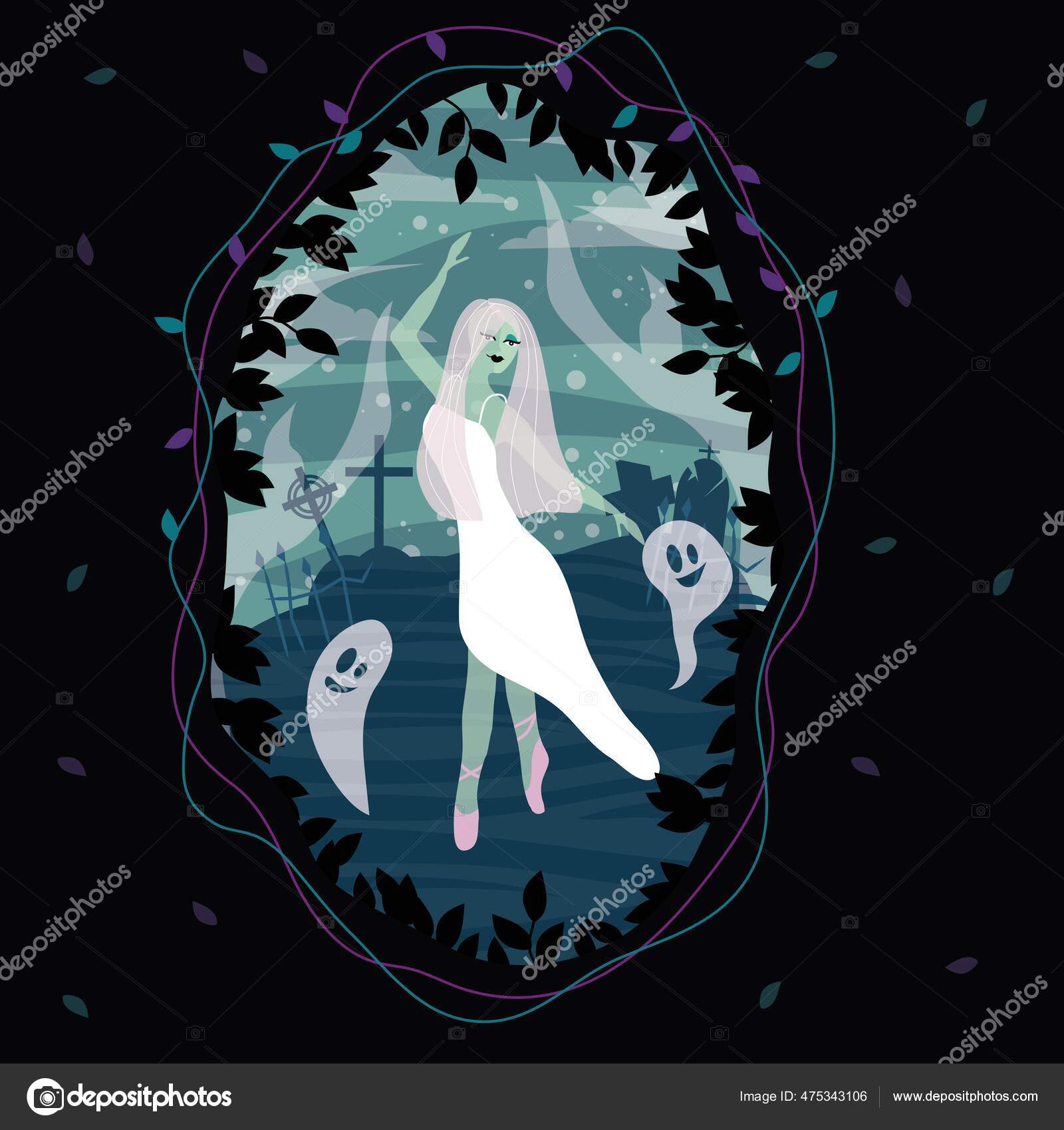 Ghost Ballerina Background Cemetery Vector Illustration Halloween Cute ...