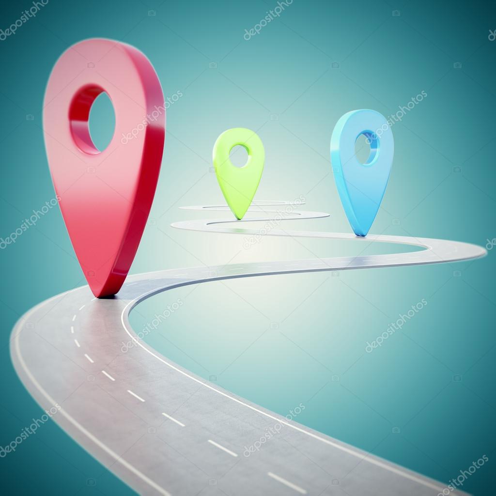Road path going forward on blue background with colorful pin pointer ...