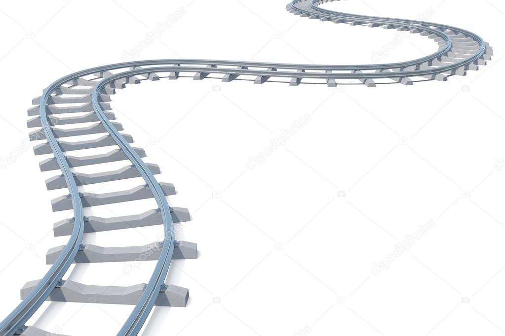 Curved, bend railroad track isolated on white background. 3d ...