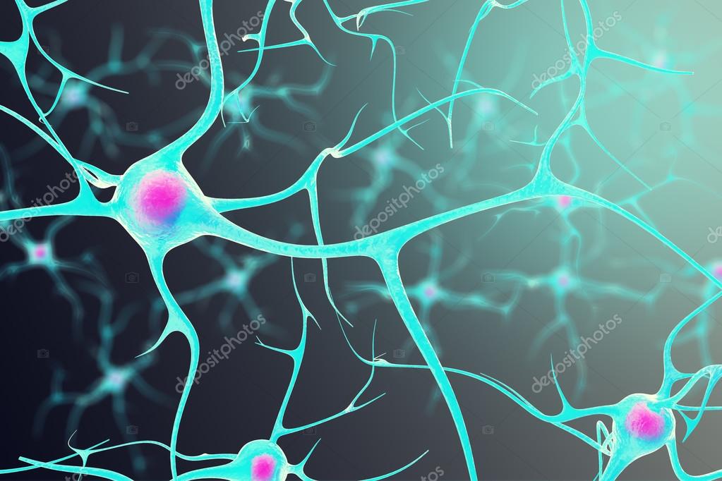 Neurons in the brain with a nucleus inside on black background. 3d ...