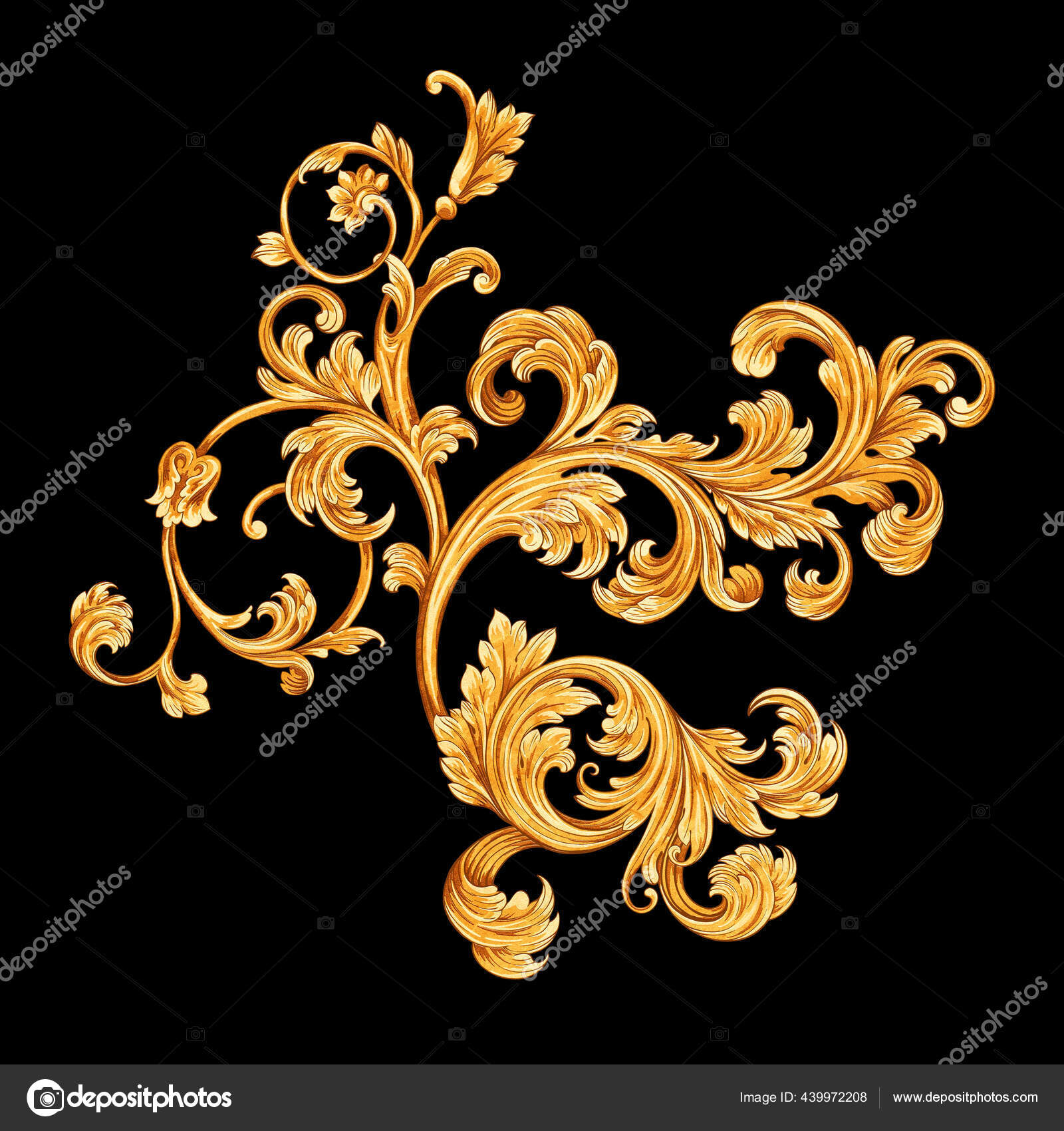 Golden Baroque Rococo Ornament Natural Gold Scroll Leaves Black ...