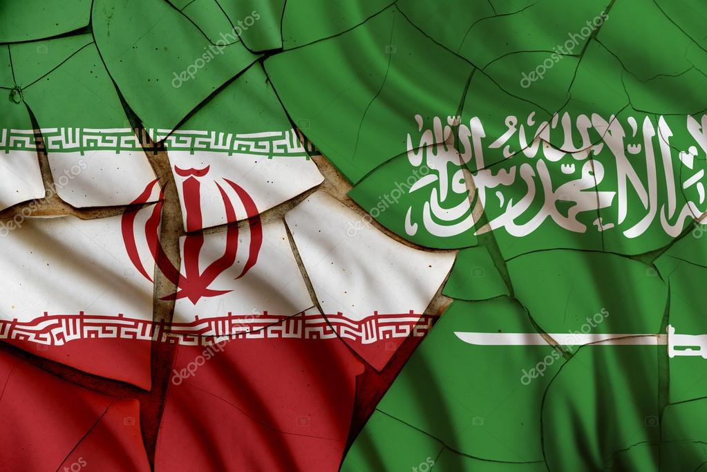 Flags of Iran and Saudi Arabia on a cracked paint wall. — Stock Photo ...