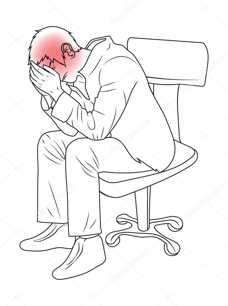 ilustrador un hombre de oficina era muy dolor de cabeza sentado en la ... ilustrador un hombre de oficina era muy dolor de cabeza sentado en la ...