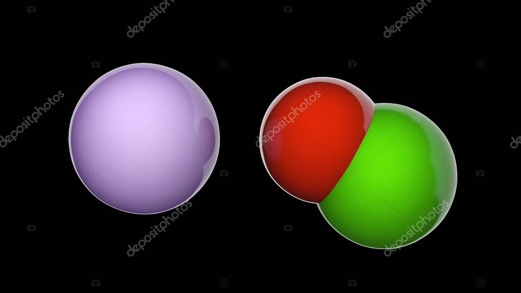 Hipoclorito de litio (fórmula molecular LiClO o ClLiO). Ilustración 3D ...