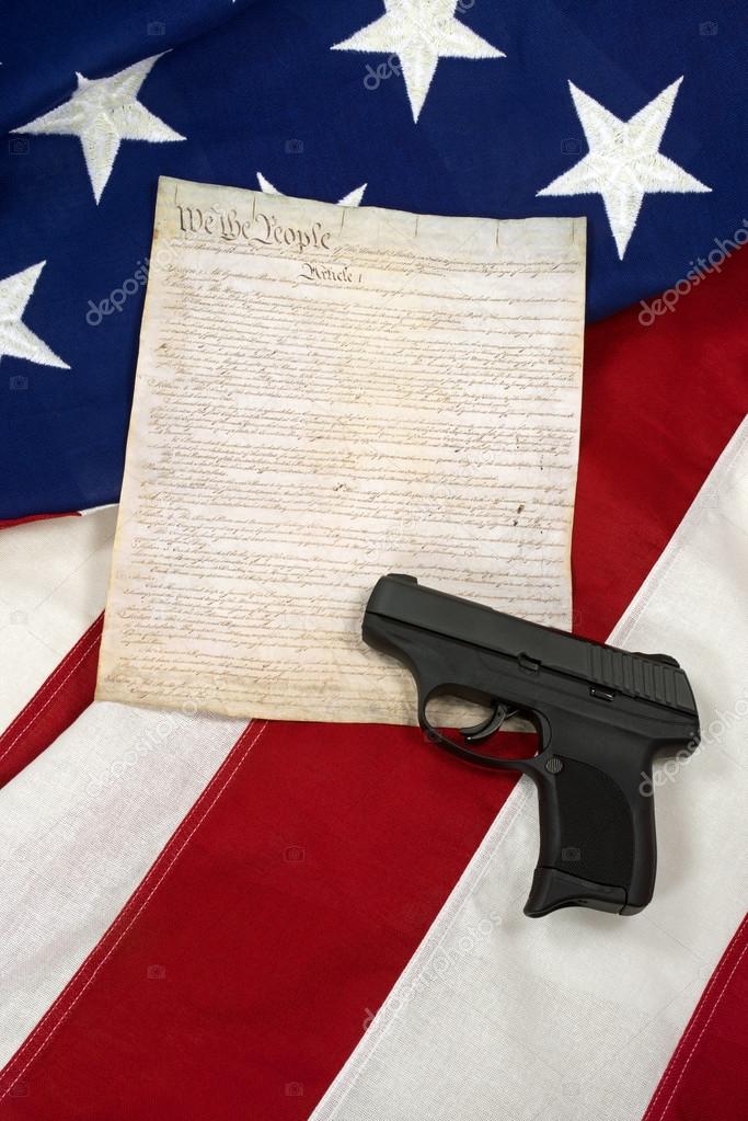 Constitution with Hand Gun on American Flag, Vertical — Stock Photo ...