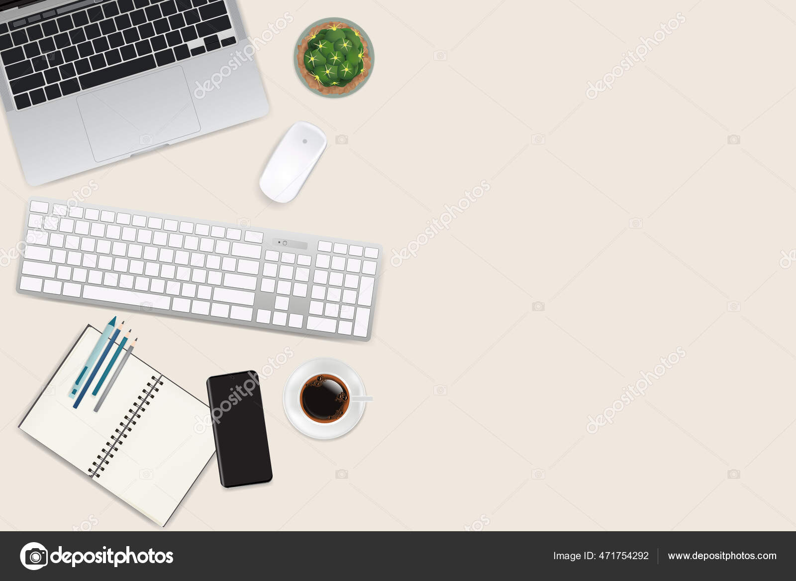 Realistic Workspace Elements Workplace Elements Desk Top View Modern ...