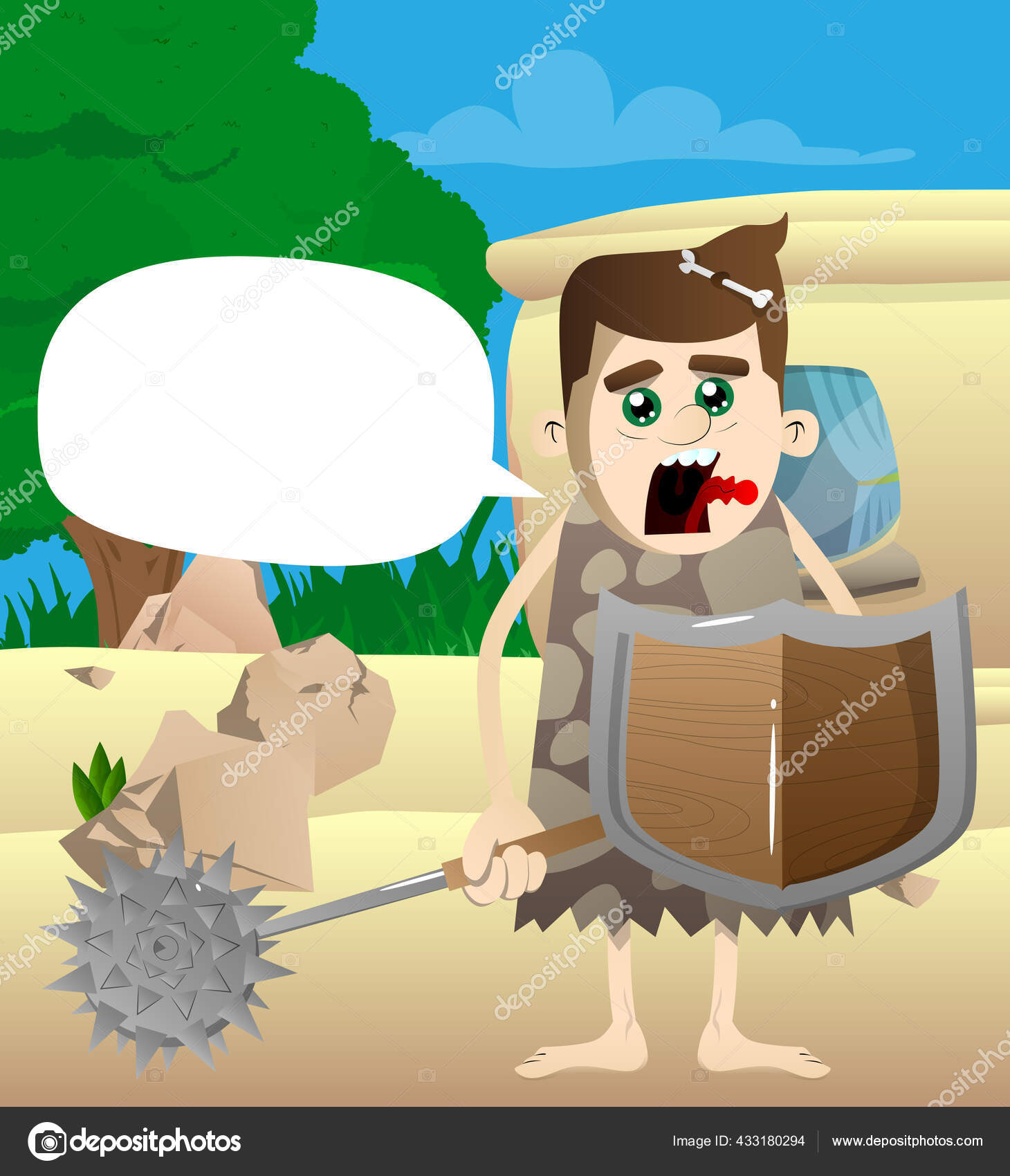 Kartun Manusia Dari Zaman Prasejarah Memegang Gada Berduri Dan Perisai ...