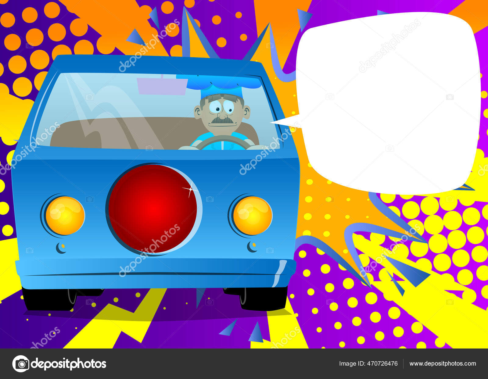 Fat Male Cartoon Chef Uniform Driving Van Holding Steering Wheel Stock ...