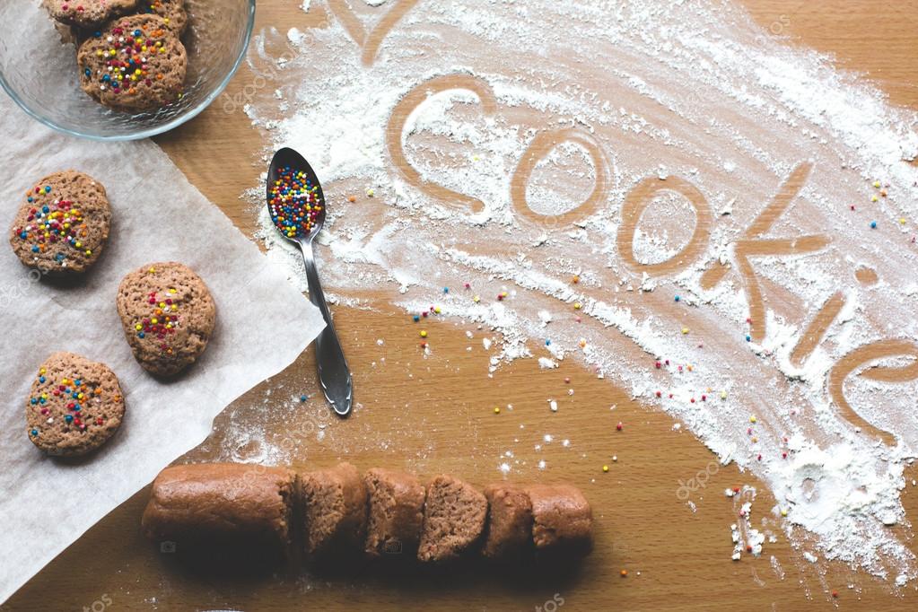 Cookie homemade preparation recipe step ingredients on wooden table ...
