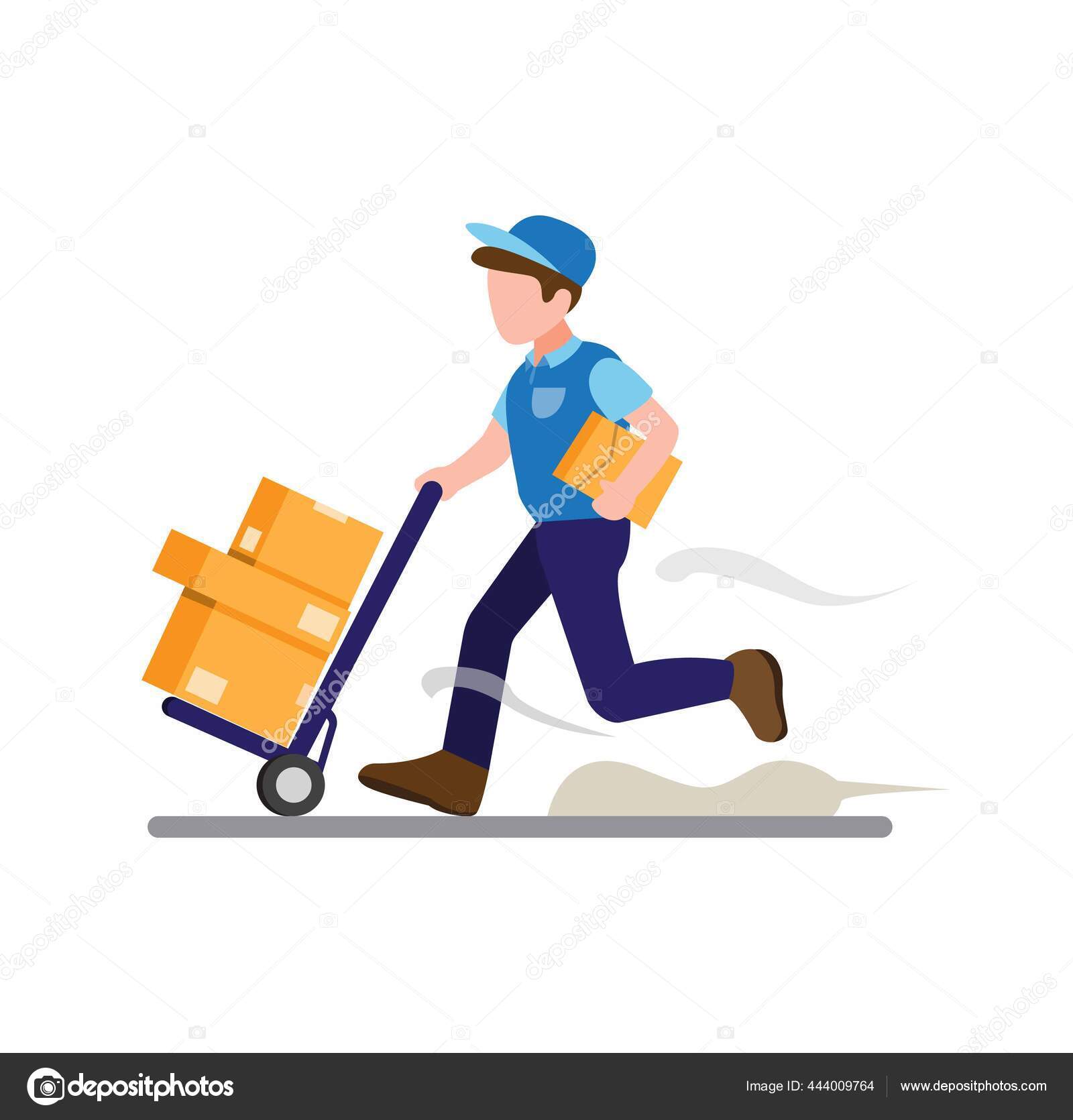 Courier Boy Running Rushing Trolley Package Delivery Service Cartoon ...