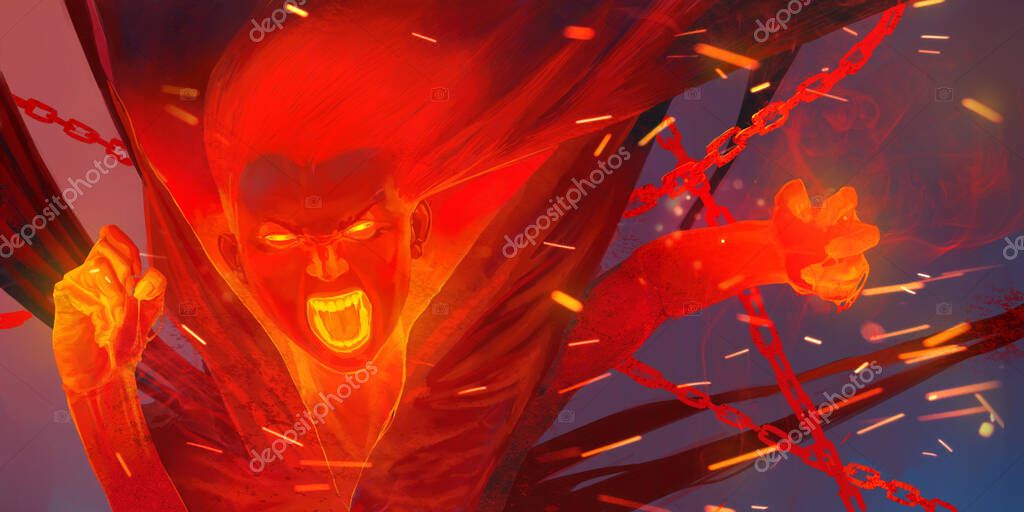 Arte 2D de una chica ardiente enojada, un elemental de fuego que mira al espectador y grita, un ...