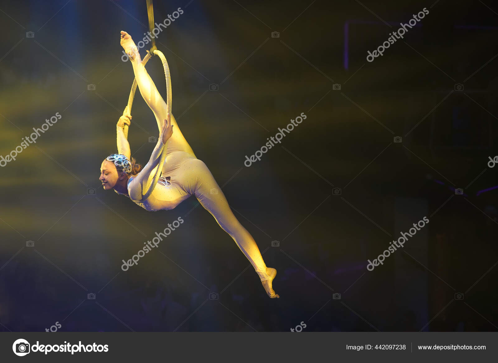Flexible Young Woman Make Performance Aerial Hoop Flexible Back Aerial ...