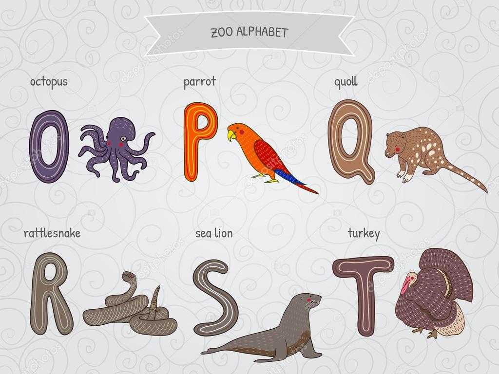 Cute cartoon funny zoo alphabet in vector. O, p, q, r, s, t letters ...