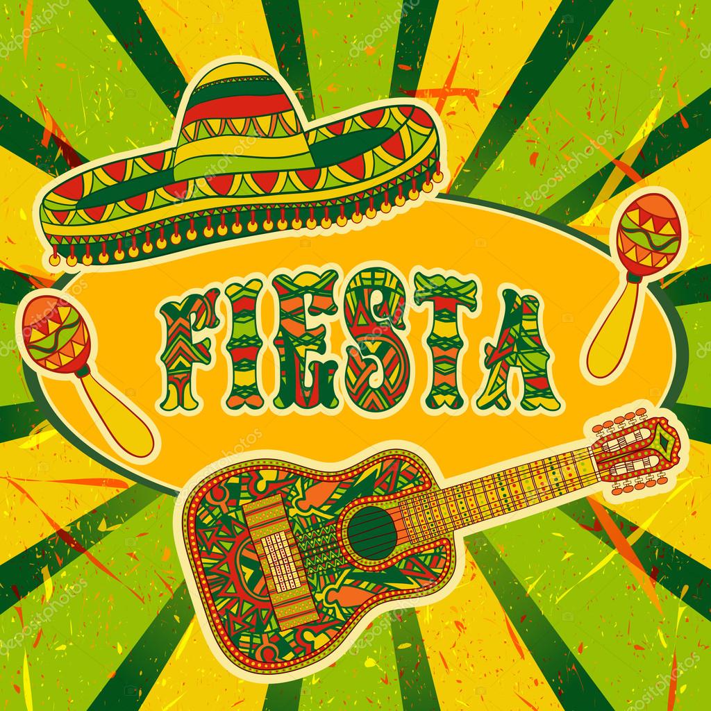 Mexican Fiesta Party Invitation with maracas, sombrero and guitar. Hand ...