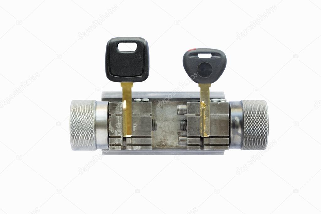 Two keys in a key copying machine key holder Stock Photo by ...