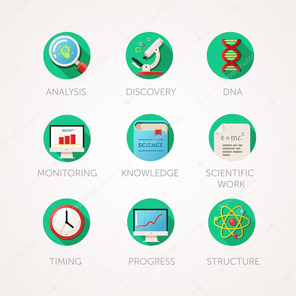 Science icons set. Modern flat colored illustrations. Physics and ...