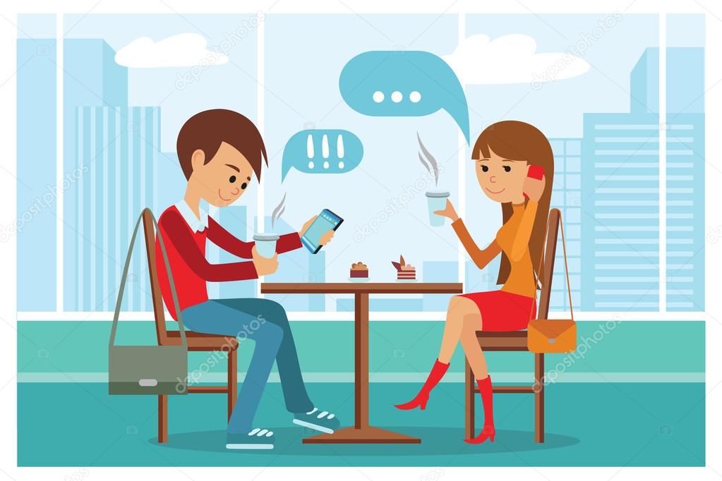 Couple in cafe - Vector Illustration with city landscape on window ...