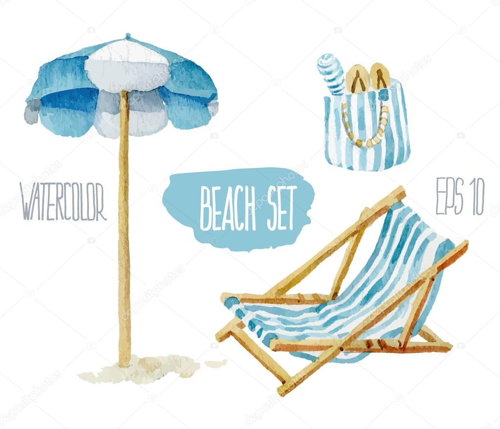 Beach set. Vector Watercolor illustration. — Stock Vector ... Beach set. Vector Watercolor illustration. — Stock Vector ...
