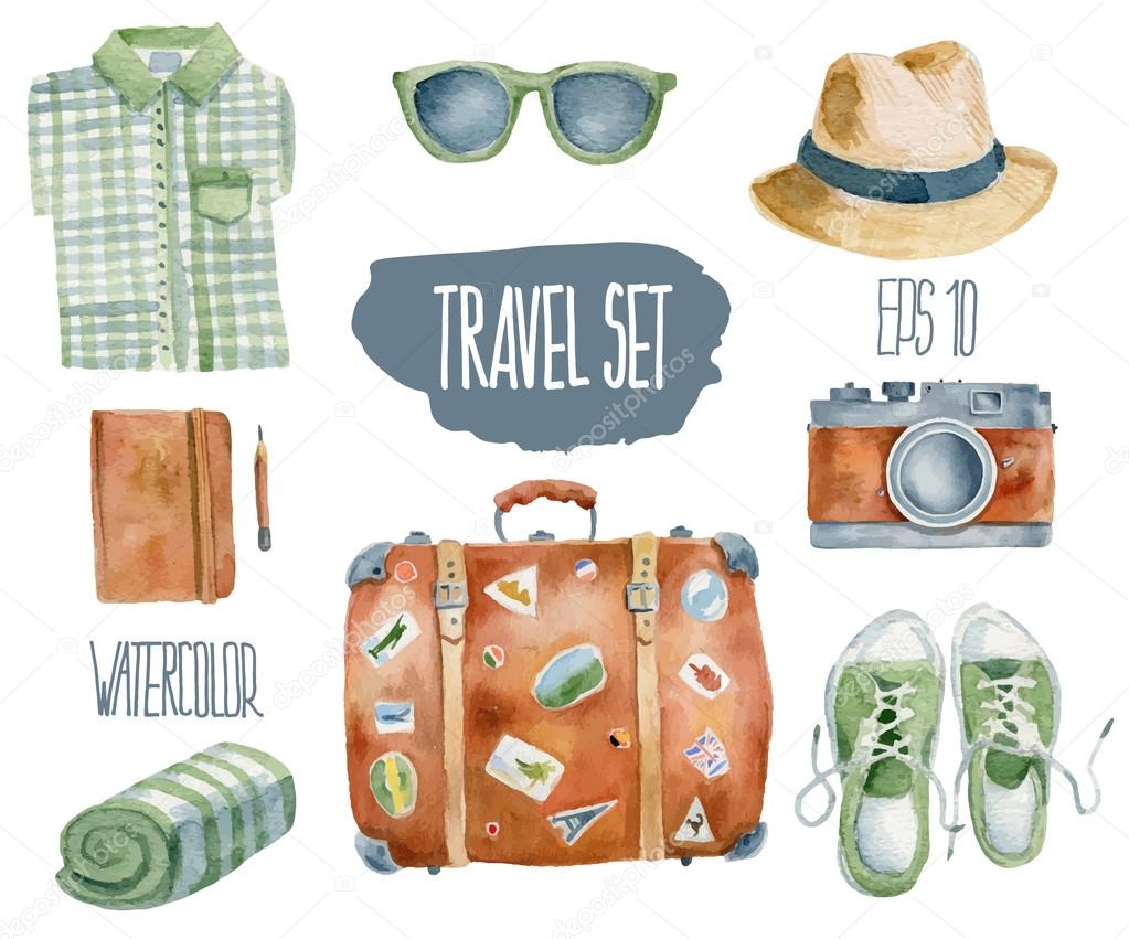 Travel set. Vector watercolor illustration. Stock Illustration by ... Travel set. Vector watercolor illustration. Stock Illustration by ...