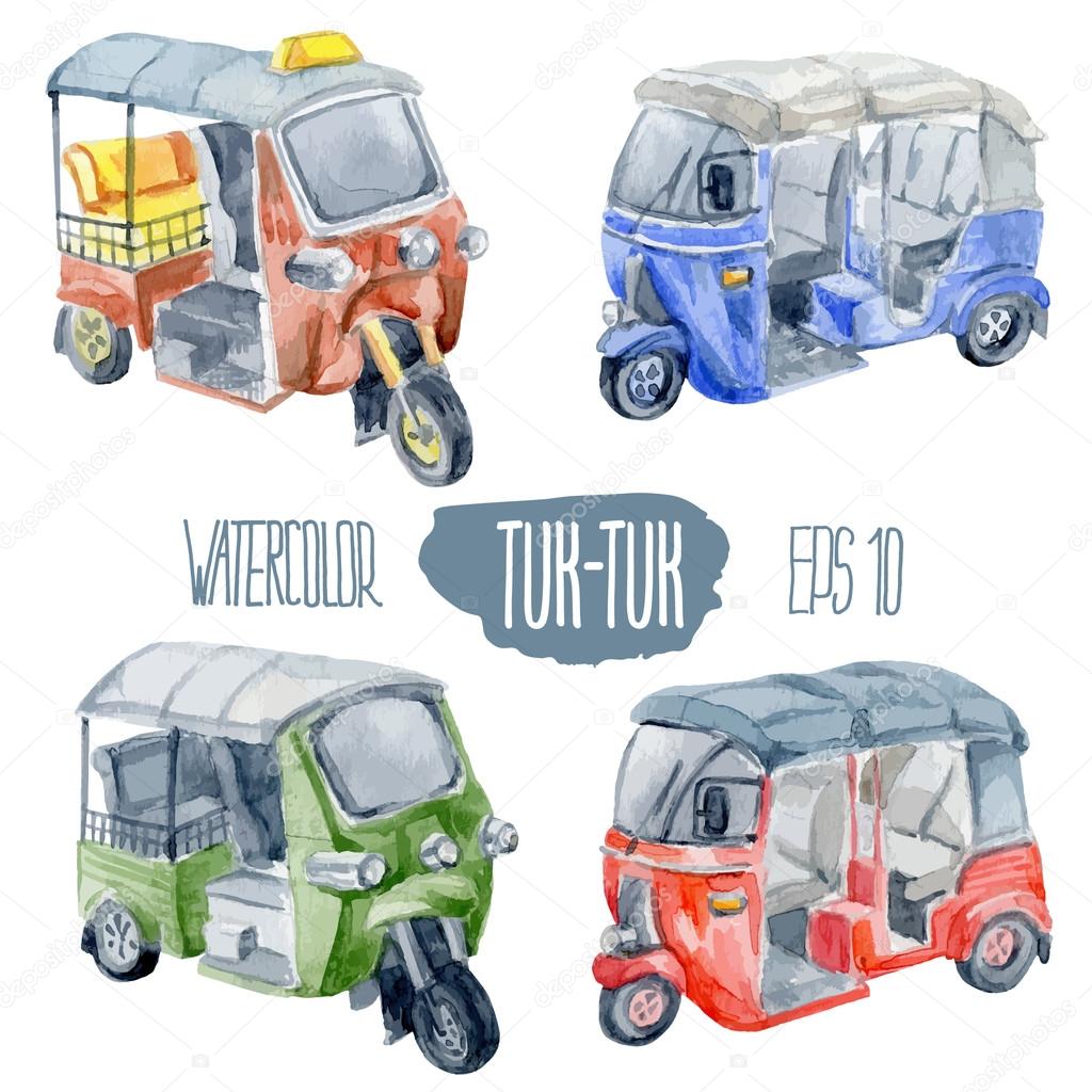 Tuk-tuk set. Vector watercolor illustration. — Stock Vector ... Tuk-tuk set. Vector watercolor illustration. — Stock Vector ...