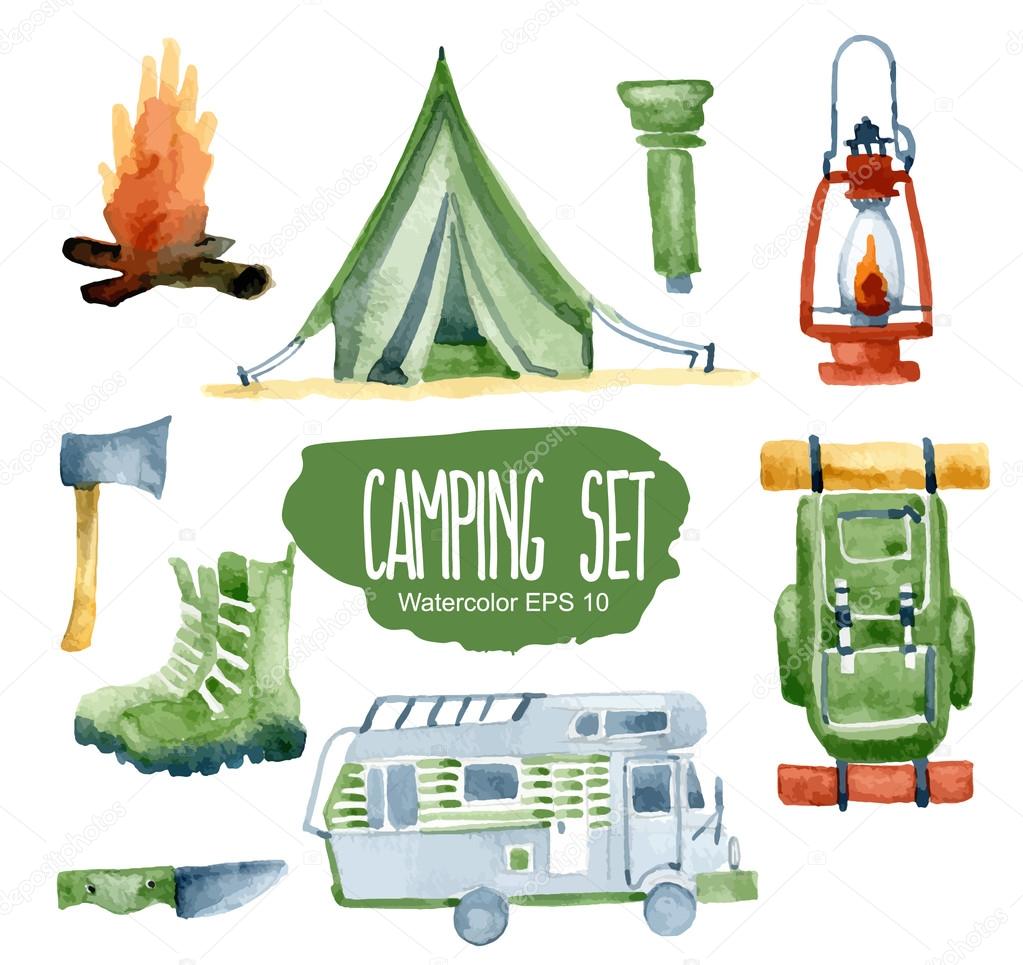 Camping set. Vector watercolor illustration. — Stock Vector ... Camping set. Vector watercolor illustration. — Stock Vector ...
