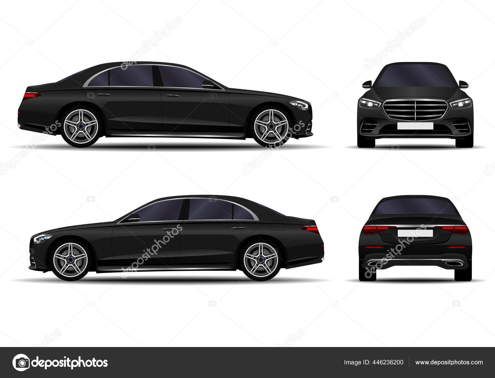 Coche Realista Sedán Vista Frontal Vista Lateral Vista Trasera Vector ...