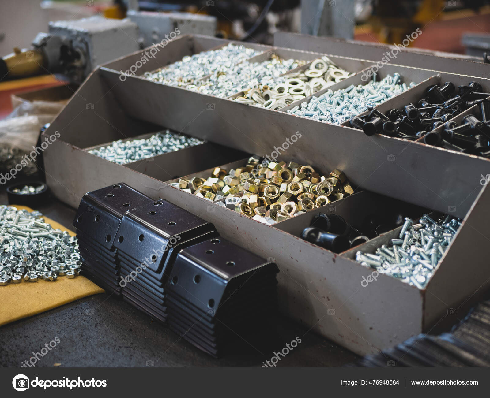 Different Types Fasteners Worker's Table Work Place Assembling Shop ...