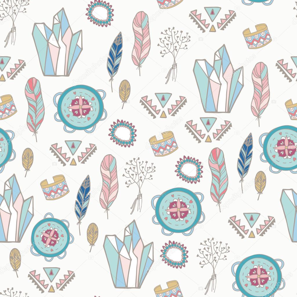 Boho Chic vector set. Summer fest design. Crystals, feathers, festive ...