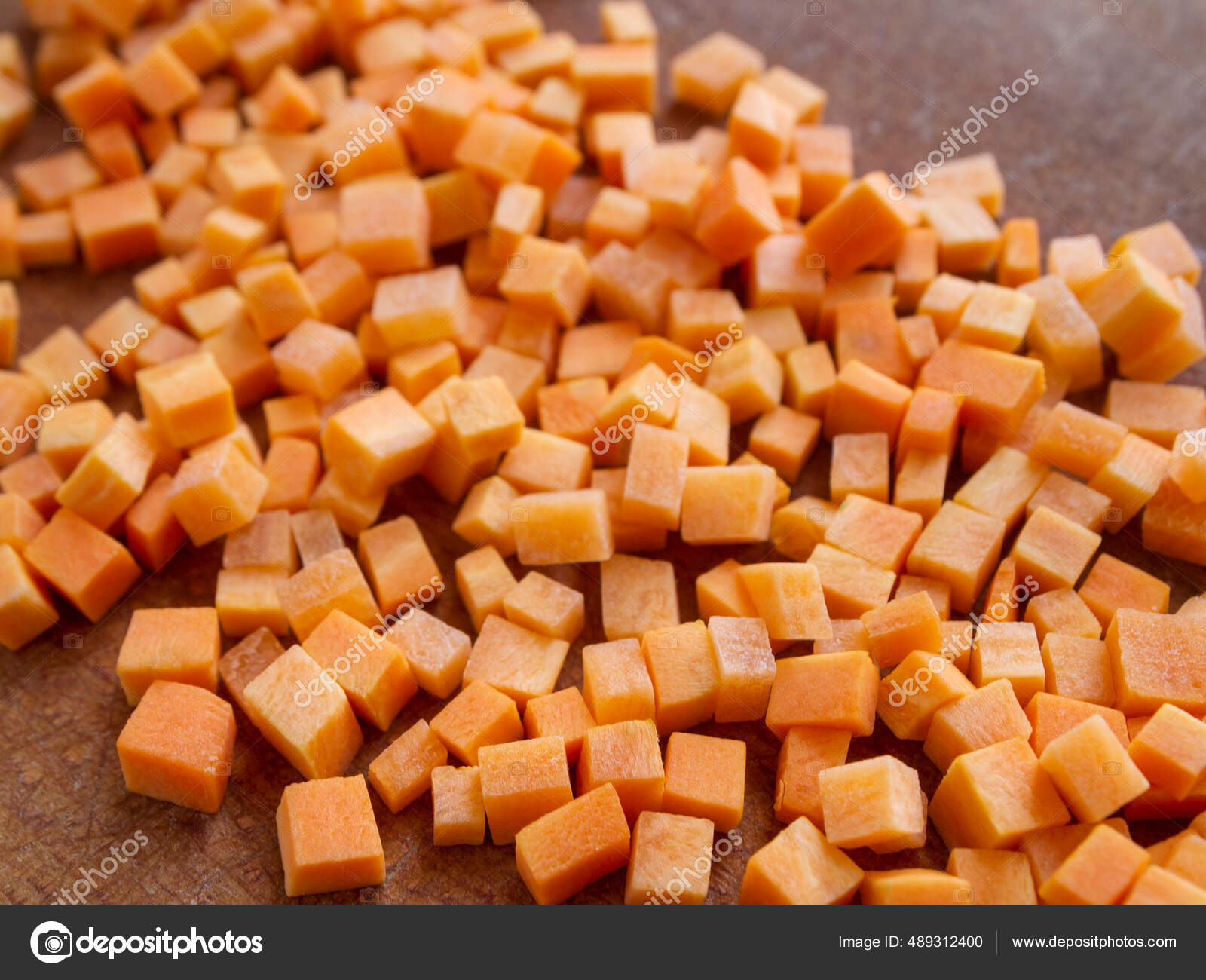 Brunoise Carrots Brown Wooden Cutting Board Stock Photo by ©LeraKora ...