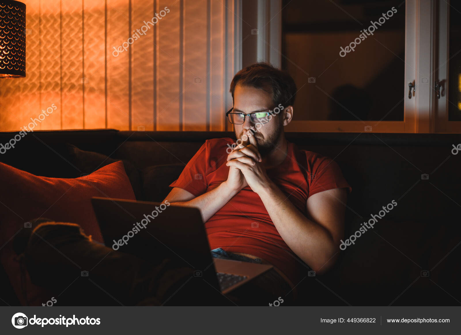 Portrait Attractive Nerdy Man Working Late Night Computer Living Room ...